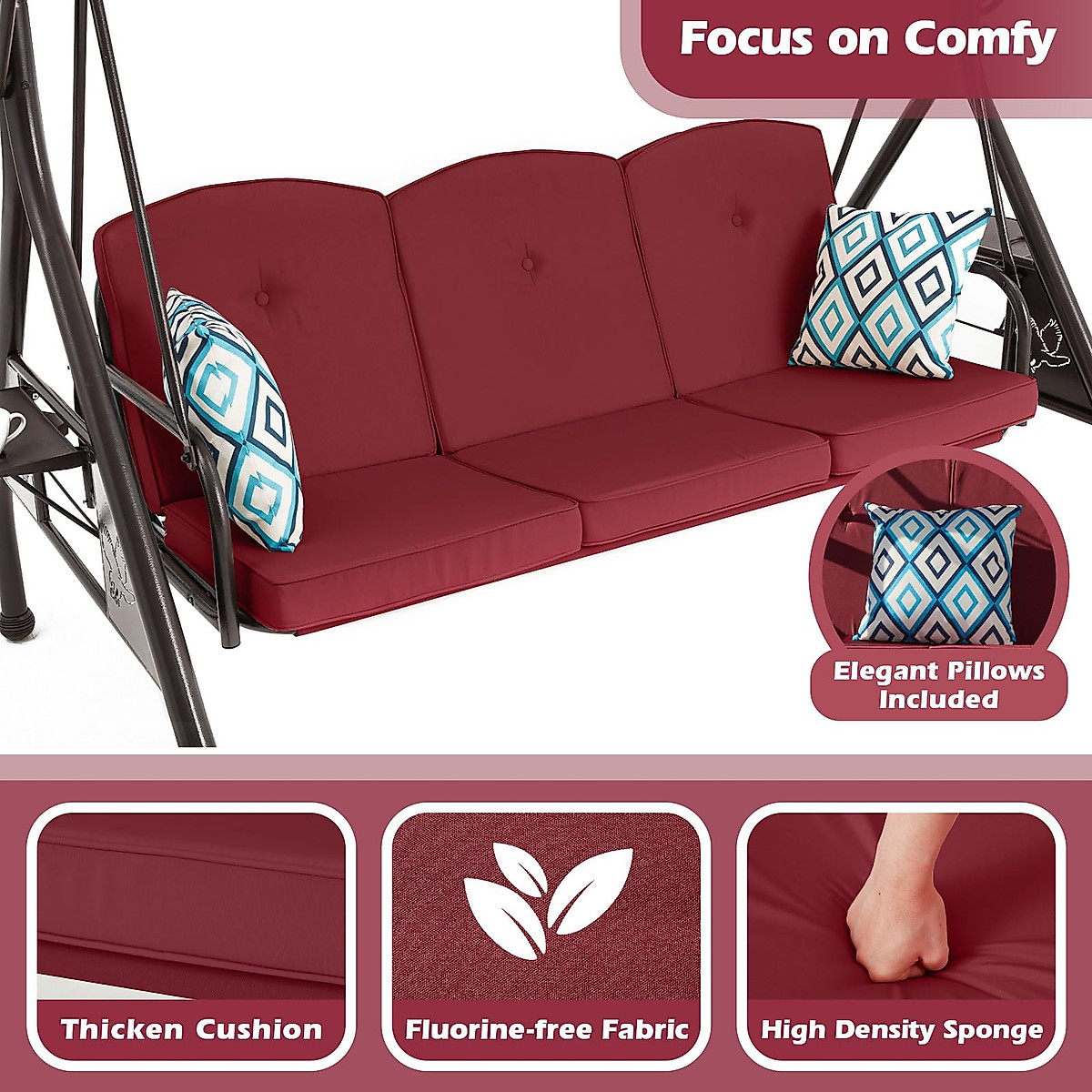 ZZW Patio Swing with Canopy 800LBS Ultra Load Outdoor Swing with Cup Holder 3-Seat Porch Swing for Adults Heavy Duty Patio Swing Bed for Patio, Backyard and Poolside, Wine Red