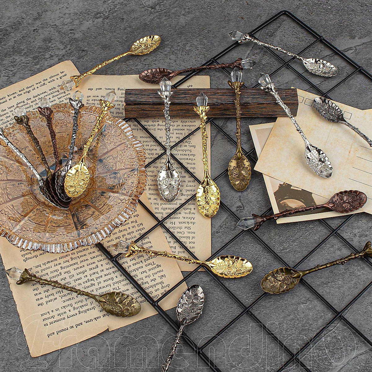 Framendino, 50 Pack Retro Coffee Spoons Vintage Crystal Alloy Tea Spoons for Home Kitchen Office