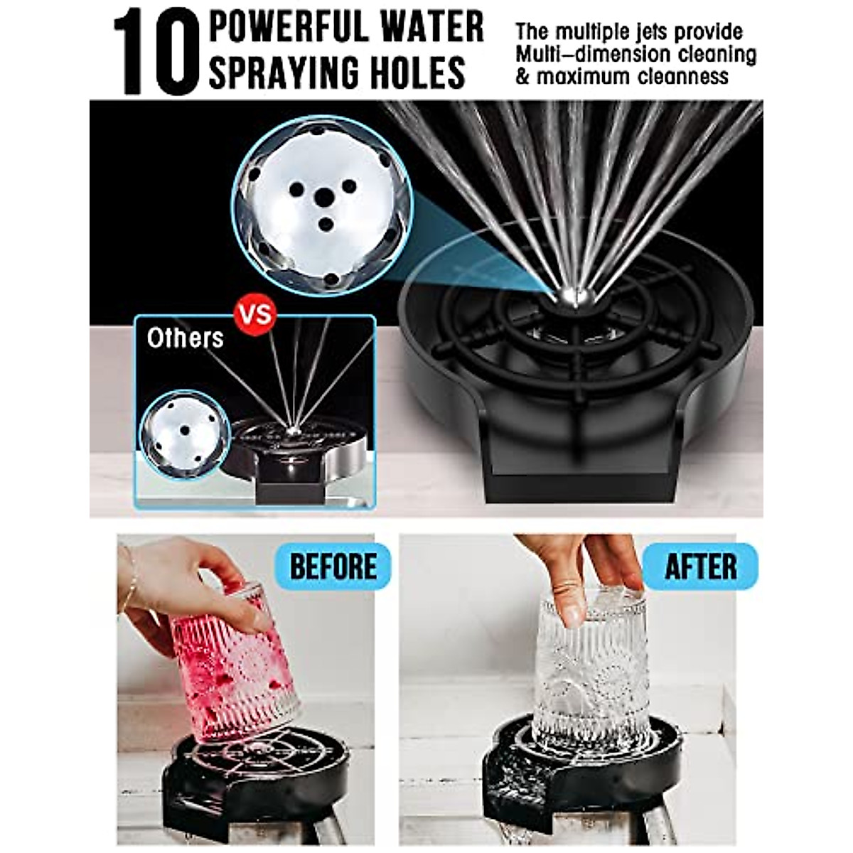 Glass Rinser for Kitchen Sink, Automatic Cup Washer, 10 Water Spraying Holes Bottle Washer, Kitchen Sink Cup Cleaner Accessories