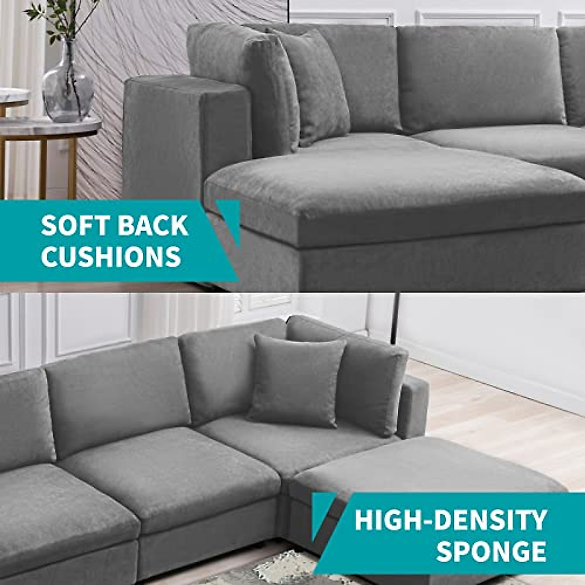 BALUS Modern Convertible Sectional Sofa,3 Seat Sofa+1 Chaise, L Shaped Corner Sleeper Sofa Couch,Modular Sectional Couches with Wood Legs for Living Room, Light Grey