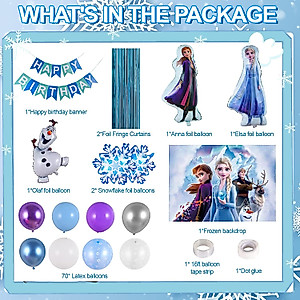 Frozen Birthday Party Supplies, Frozen Party Decorations 82 PCS Include Frozen Backdrop Snowflake Balloon Garland Arch Kit, Elsa, Anna and Olaf Foil Balloon and Happy Birthday Banner for Kids Birthday