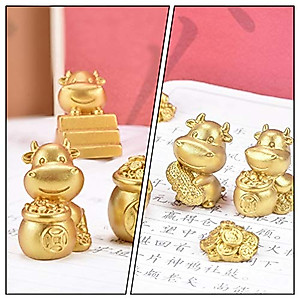 Cabilock 10pcs Resin Animals Figurines 2021 Chinese Zodiac Ox Year Toys Golden Ox Statue Cow Cake Toppers Mini Dollhouse Figurines Fairy Garden Bonsai Micro Landscape Table Decorations