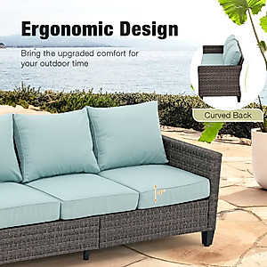 SUNSITT Patio Furniture Set 7-pcs Outdoor Furniture Conversation Sets with Lift Dining Table Wicker Patio Furniture Outdoor Couch Grey Rattan Light Cyan Cushion for Garden, Backyard, Lawn