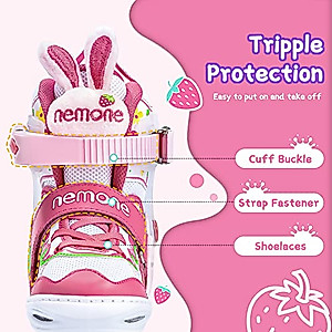 NEMONE Bunny Strawberry 4 Size Adjustable Inline Skates for Girls with 8 Light up Wheels, Pink Blades Roller for Kids, Indoor Beginner Inliner Outdoor, Small(10C-13C US)