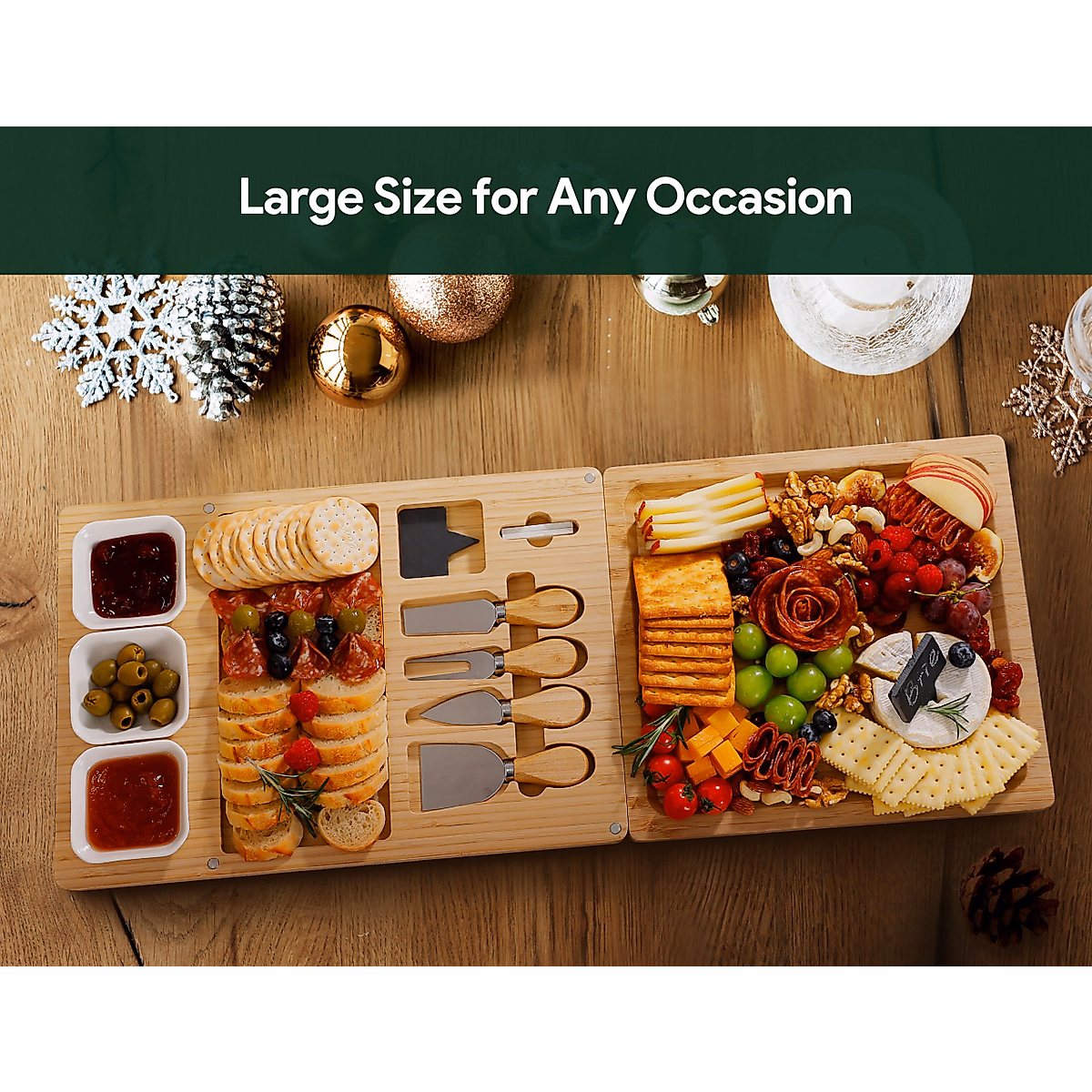 Easoger Bamboo Charcuterie Boards and Knife Set, 3 in 1 Magnetic Extra Large Cheese Board with 3 Bowls, Wedding Gifts, House Warming Gifts for Couples