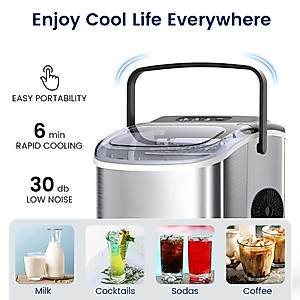 Joy Pebble Stainless Steel Ice Maker Countertop, 26Lbs/24H, 9 Cubes Ready in 6-8 Mins, Self-Cleaning Portable Ice Maker with Handle, for Home/Office/Bar (Silver)