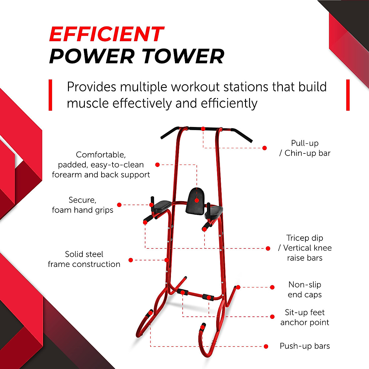 Stamina X Power Tower with VKR - Dip Bar Pull Up Bar Station with Smart Workout App - Dip Bars for Home Workout - Up to 250 lbs Weight Capacity - Red