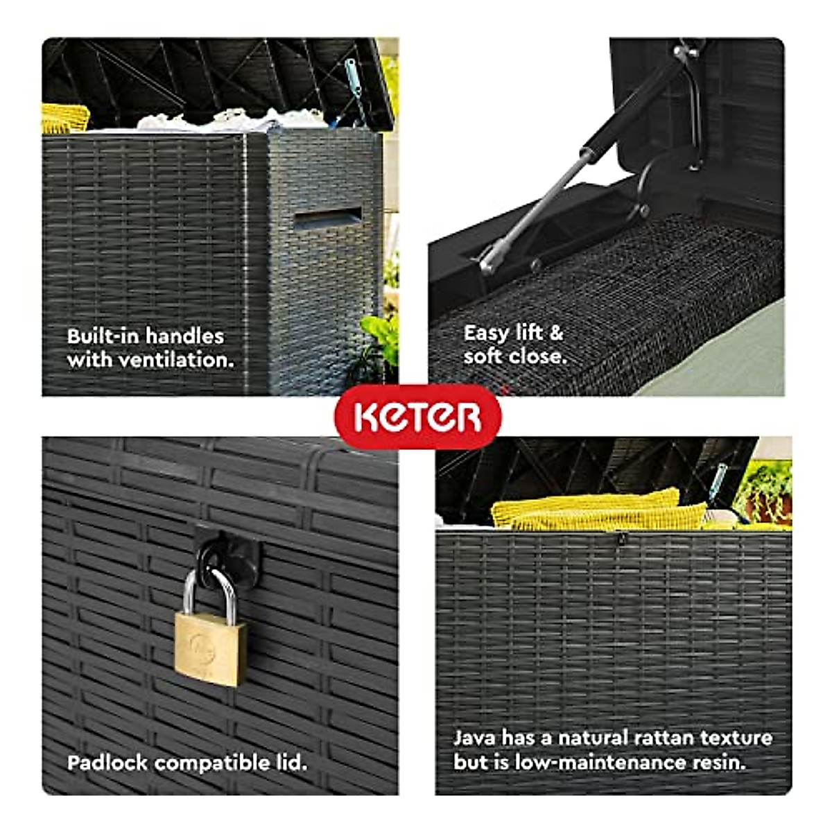 Keter XXL Java 230 Gallon Resin Rattan Look Large Outdoor Storage Deck Box for Patio Furniture Cushions, Pool Toys, and Garden Tools