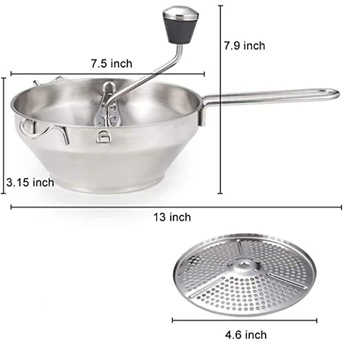 Food Mill Stainless Steel With 3 Grinding Milling Discs&Handle, Durable Bowl Rotary Food Mill for Tomato Sauce, Applesauce, Puree, Mashed Potatoes, Jams, Baby Food