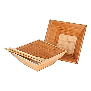 Heim Concept Bamboo Salad Bowl 4 PC Set w/Serving Hands, 2 square bowls & pair salad servers Eco-Friendly BPA Free