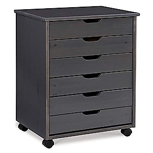 Linon Callie Multipurpose Six Drawer Dresser Wide Wood Rolling File Cabinet Storage Cart with Casters in Gray