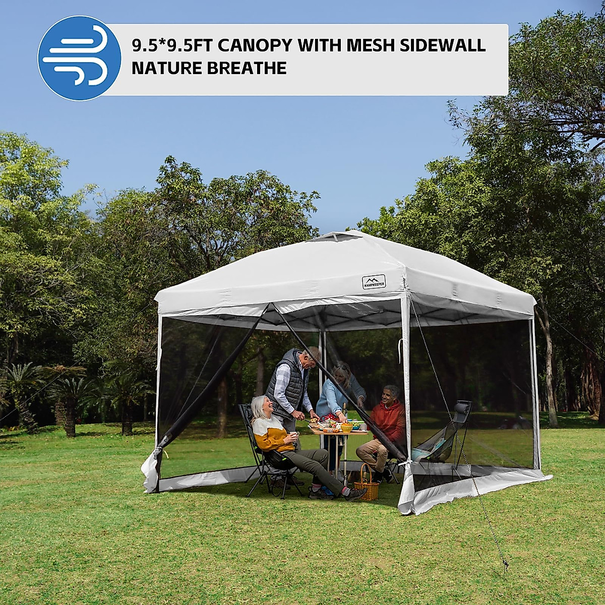 KAMPKEEPER Outdoor 10'x10' Pop Up Screened Canopy Tent with Netting Mesh Walls,4 Sandbags,1 Roller Bag (White Vented Top