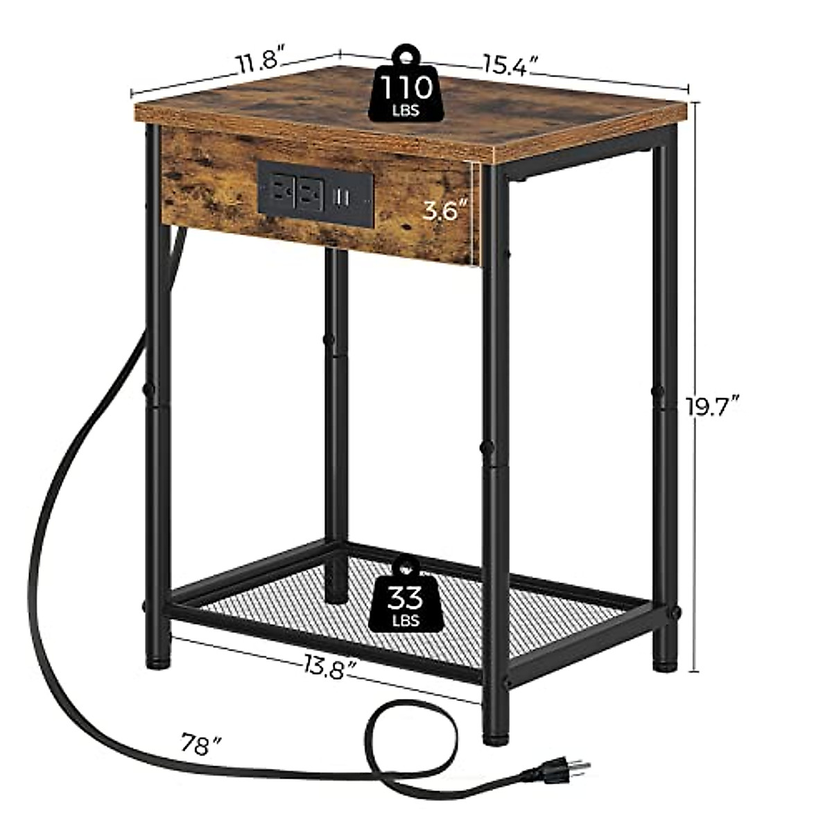 Rolanstar End Table Set of 2 with Charging Station, Small Side Table with USB Ports & Storage Shelf for Small Space, Living Room, Nightstand Bedside, 2-Tier Sofa Table for Bedroom