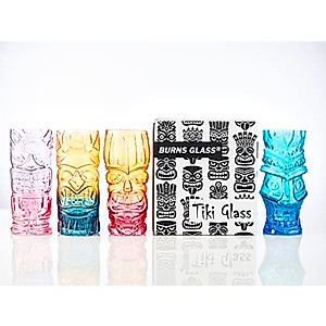 Burns Glass Set of 4 Colored Tiki Glasses - Perfect Tropical Cocktail Tiki Glassware for Tiki Bar, Island Parties, and Gifts for Tiki Lovers