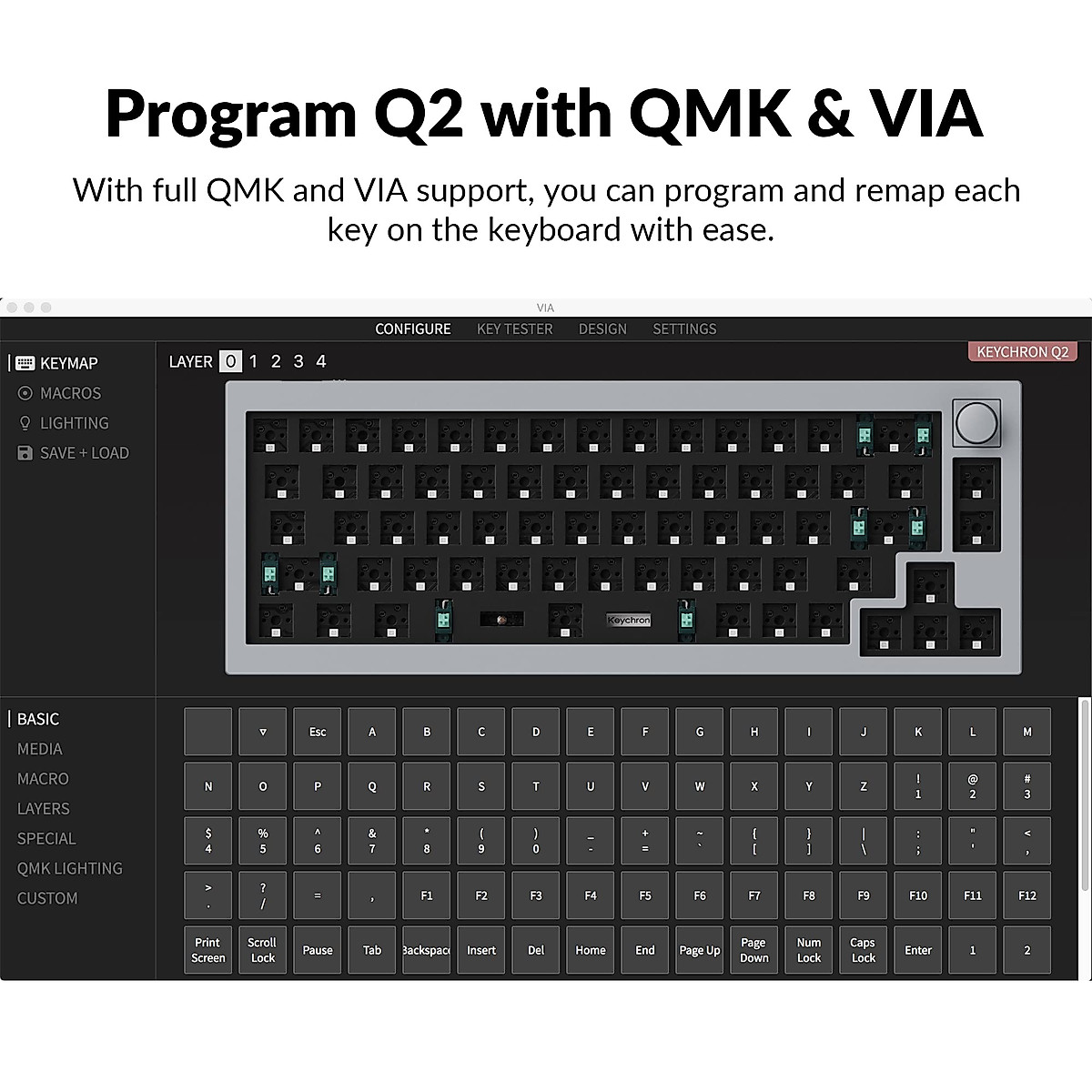 Keychron Q2 Wired Custom Mechanical Keyboard Barebone Knob Version, QMK/VIA Programmable Macro, Compatible with Mac Windows Linux, Hot-Swappable 65% Layout, Double-Gasket DIY Kit - Grey