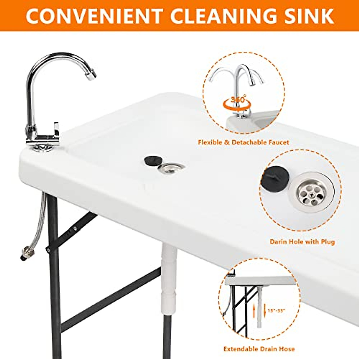 Outvita Fish Cleaning Table, Folding Portable Camping Table with Sink Stainless Steel Faucet Drainage Hose for Garden Patio Backyard BBQ White