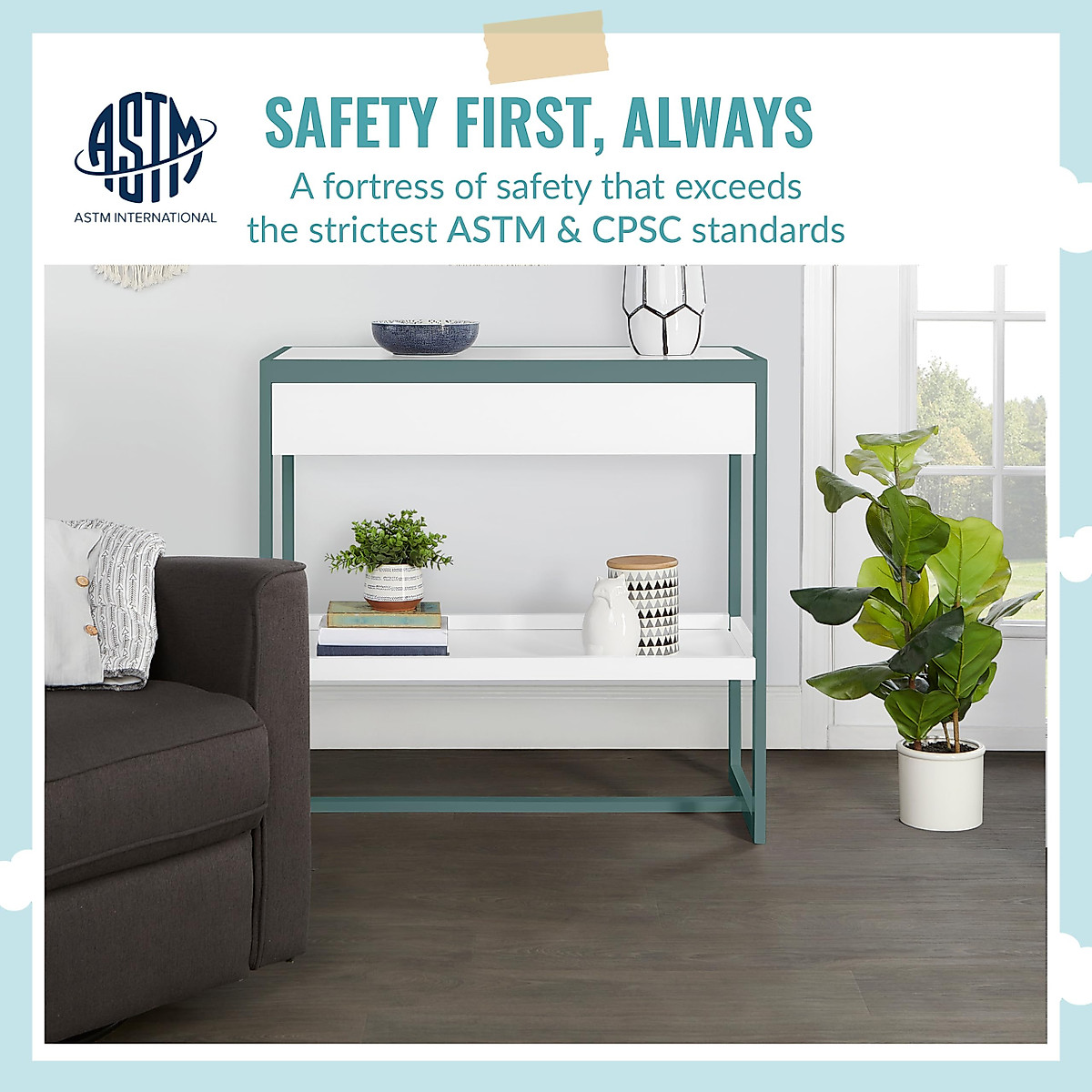 Dream On Me Arlo Changing Table in Jungle Green, Made of Solid New Zealand Pinewood, Non-Toxic Finish, Comes with Water Resistant Mattress Pad & Safety Strap