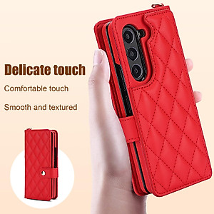 FHZXHY Wallet Case for Samsung Galaxy Z Fold 5 5G with Pen Slot Crossbody Strap Wrist Handbag Leather Button Purse Card Slots Holder Phone Case Galaxy Z Fold 5 Case for Women Girls-red
