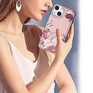 Crosspace Women Phone Wallet Case Compatible for iPhone 13 with Card Holder,Premuim Leather with Flowers add Good Feelings Charms,Easily 3 Cards,Kickstand,Raised Coner Protections(Pink,6.1inch)