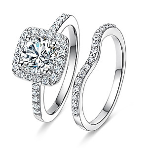 MDFUN 18K White Gold Plated Cubic Zirconia Two-In-One Halo Wedding Engagement Promise Eternity Ring for Women Size 7.5
