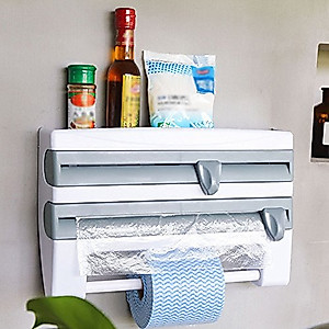 Paper Towel Holder Wall-Mount Sauce Bottle Storage Rack Paper Towel Holder Preservative Film Dispenser for Kitchen Bathroom Toilet Drill Free(Gray Blue)