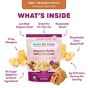 Ready Set Food Organic Puffs – Early Allergen Introduction Snack Puffs w/ 9 Top Allergens: Organic Peanuts, Cashew, Egg & More, No Added Sugar, Babies 8+ Months (AC & PB, 2-Pk)