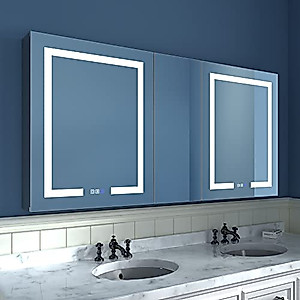 ExBrite LED Lighted Bathroom Medicine Cabinet with Mirror, 60 x 30 Inch, led Medicine Cabinet with Extra Closed Storage Cabinet,Defog, Stepless Dimming,Color Temper Change, 2 Outlets,Storage Shelves