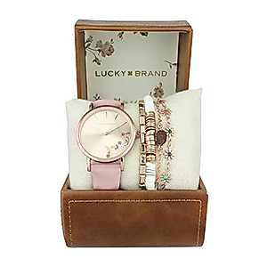 Lucky Brand Watches for Women Floral Dial with Genuine Leather Strap Quartz Movement Women's Wrist Watches Bracelet Gift for her Box Set (Rose Gold)