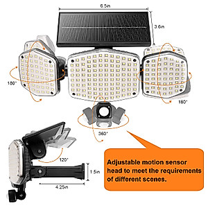Solar Lights Outdoor 216LED Solar Flood Powered Security Lights with Motion Sensor,3 Head Adjustable 360° IP65+ Waterproof Spotlights Lights For Wall Deck Shed Yard Patio Garden Lighting 1200LM