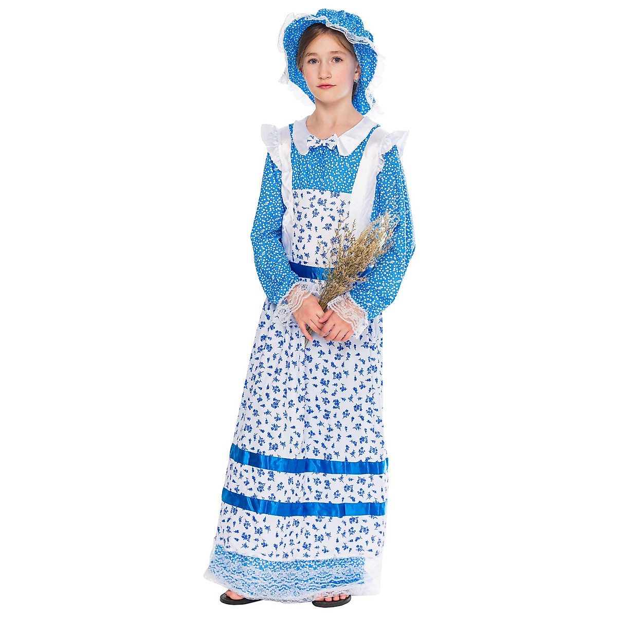 Spooktacular Creations Colonial Pioneer Girls Costume Deluxe Prairie Dress for Halloween Laura Ingalls Costume Dress Up Party (Small (5-7yr))