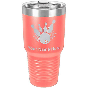 LaserGram 30oz Vacuum Insulated Tumbler Mug, Bowling Ball and Pins, Personalized Engraving Included (Coral)