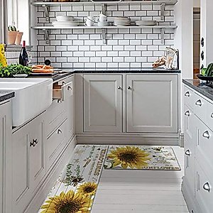2 Pieces Kitchen Rugs and Mats Set PVC Leather Floor Mat Sunflower You Are My Sunshine My Only Sunshine Bumblebee Butterfly Wooden Board Comfort Floor Mat Rug Waterproof Non-Slip Mat Standing Desk Set