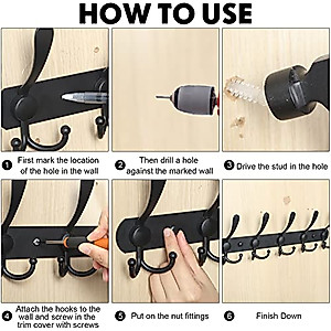 4 Packs Coat Rack Wall Mount with 5 Tri Hooks 16 Inch Metal Coat Hook Rail Heavy Duty Stainless Steel Rack Hooks for Hanging Coats Hats Clothes Purse Entryway Bathroom, Bedroom, Mudroom (Black)