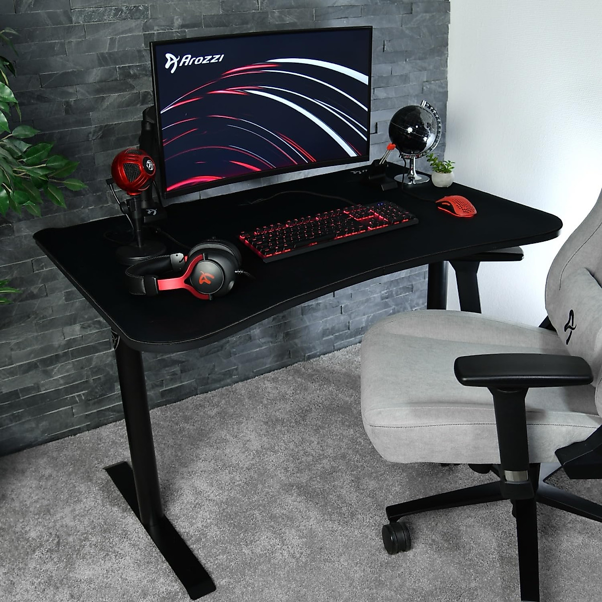 Arozzi Arena Fratello Curved Gaming and Office Desk with Full Surface Water Resistant Desk Mat Custom Monitor Mount Cable Management Cut Outs Under The Desk Cable Management Netting - Pure Black