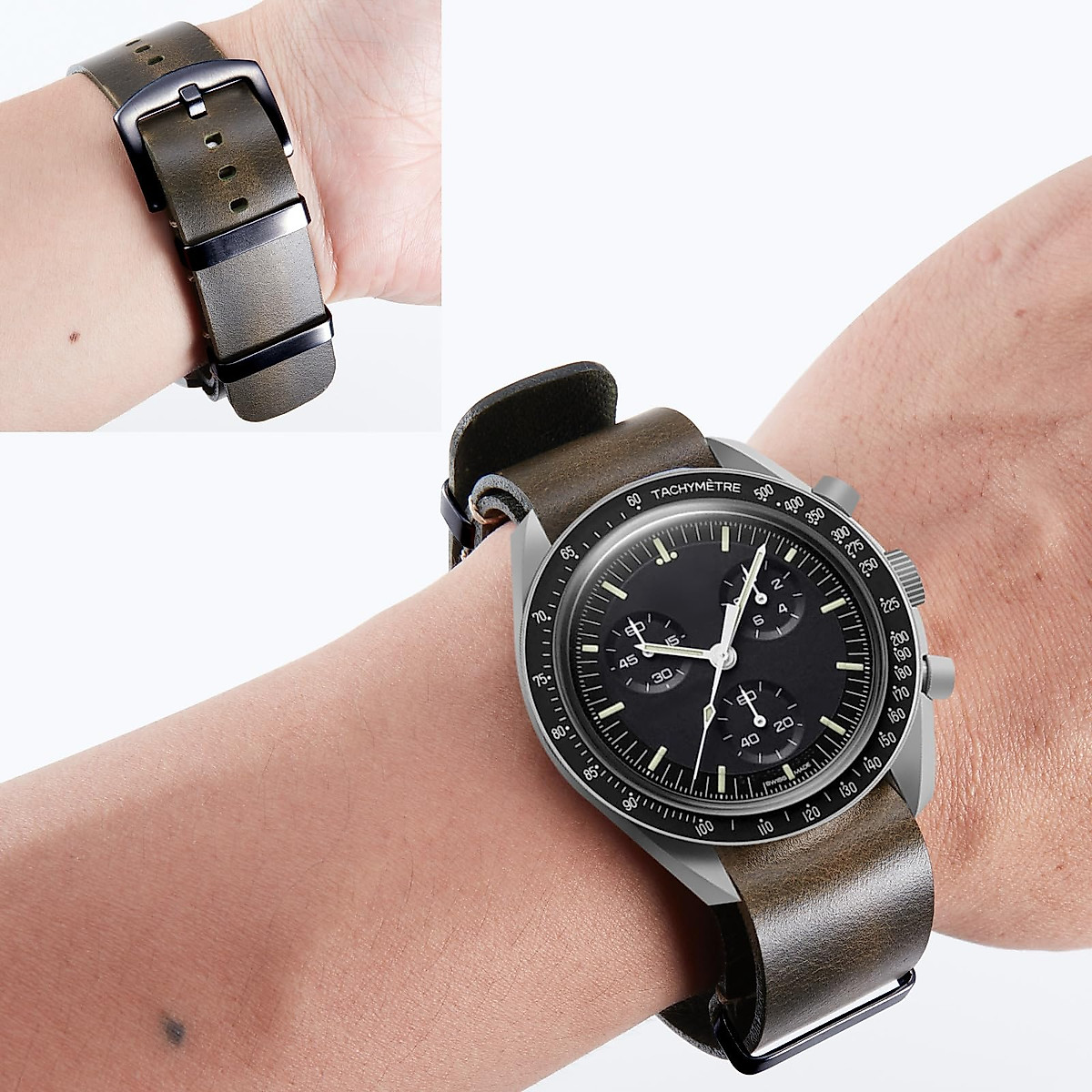 BINLUN Leather Watch Band Crazy Horse Oiled Leather Watch Straps 18mm 19mm 20mm 21mm 22mm 24mm Replacement One-Piece Watchbands for Men and Women Silver & Black Buckle