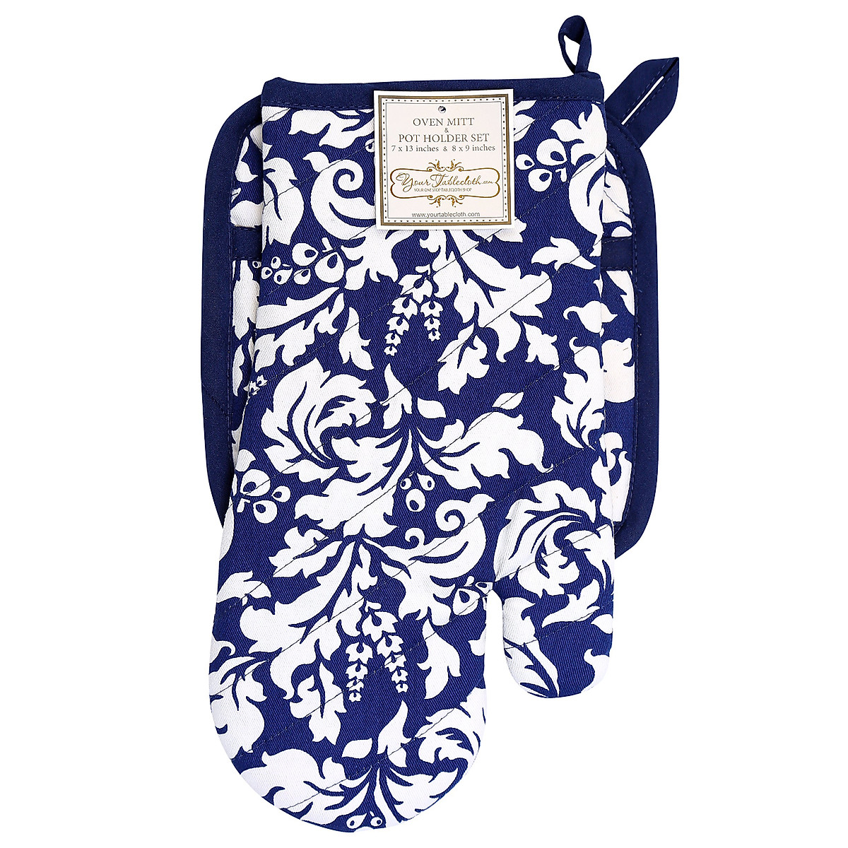 Yourtablecloth Set of Oven Mitt and Pot Holder or Oven Gloves-100% Cotton, High Heat Resistance, Superior Protection & Comfort–Elegant Design-Machine Washable-Nautical Blue
