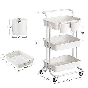 SONGMICS Rolling Cart, 3-Tier Storage Cart, Storage Trolley with Handle 2 Small Organizers, Steel Frame, Plastic Baskets, Utility Cart, Easy Assembly, for Bathroom Laundry Room, White UBSC067W01