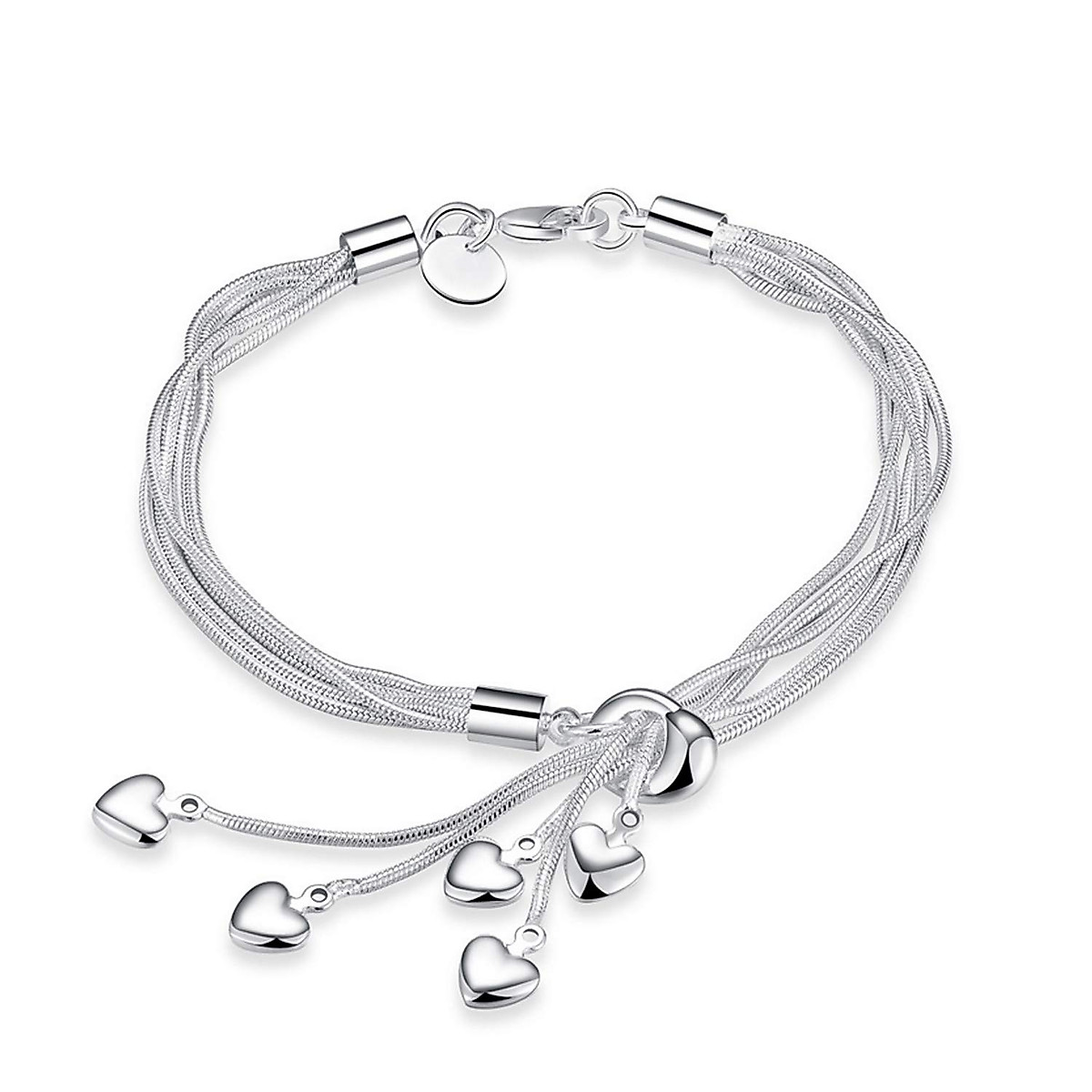 925 Sterling Silver Five-Line Chain with Five-Heart Bracelet Bangle