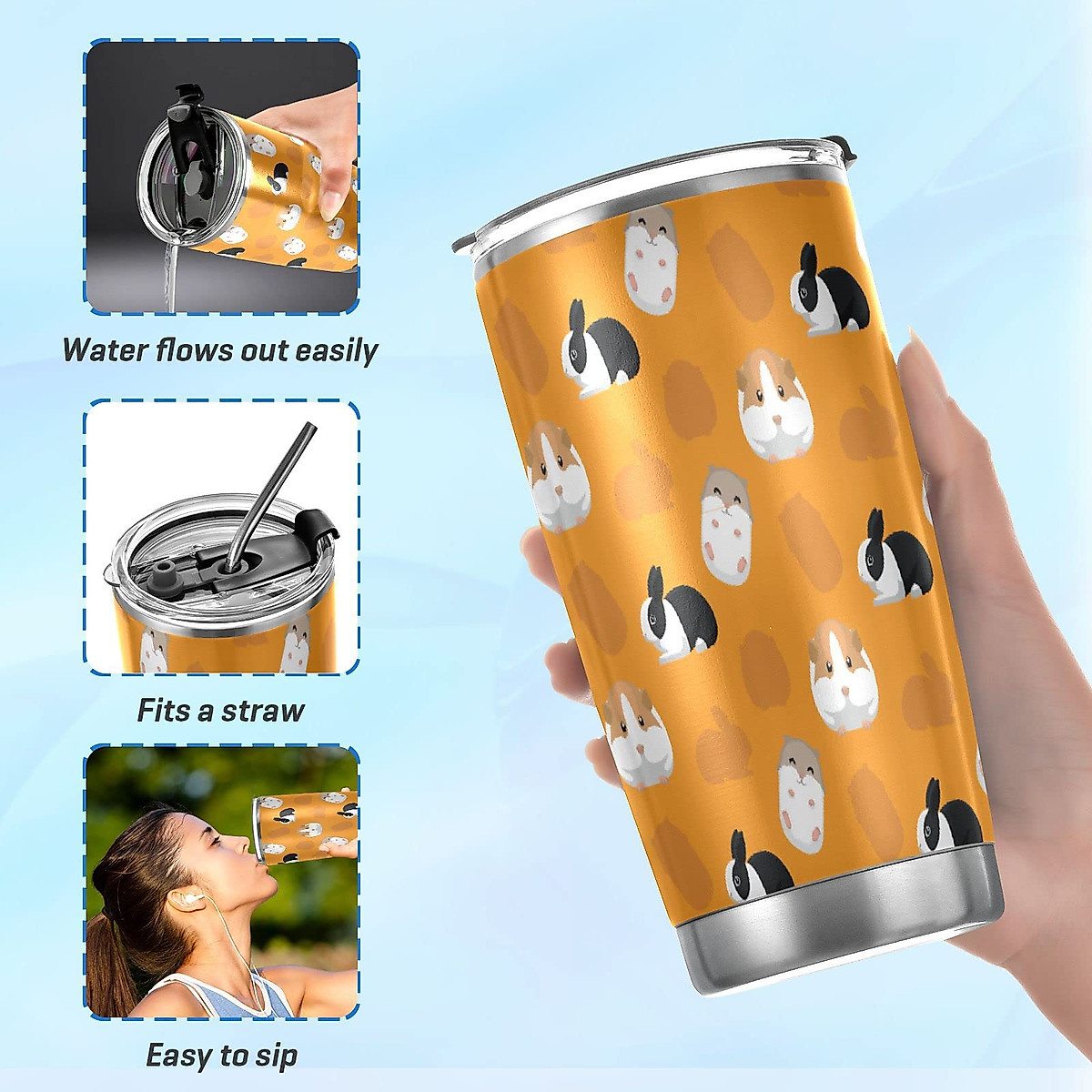 Yasala Tumbler Guinea Pig Cute Rabbit Insulated Coffee Cup Beverage Container Office Travel Mug with Straw and Lid 20oz Back to School Gift