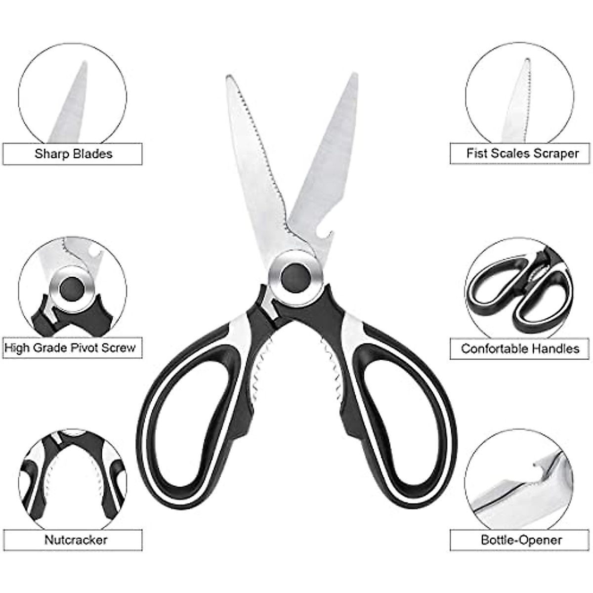 Kitchen Shears Multi Purpose Strong Stainless Steel Kitchen Utility Scissors with Cover Poulry,Fish, Meat, Vegetables Herbs, Bones, Dishwasher Safe (Black)