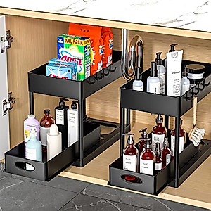 PUILUO Under Sliding Cabinet Basket Organizer, 2 Tier Storage Under Cabinet Bathroom Under Sink Organizers and Storage Black Under Sink Storage for Bathroom Kitchen