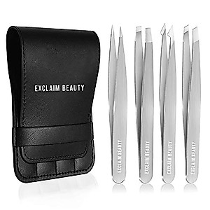 EXCLAIM BEAUTY Tweezers for Women & Men Pack of 4 Stainless Steel Tweezers Set, Precision Tweezers for Eyebrows Splinter Ingrown Hair Removal Tweezers Kit for Women with Leather Case – Silver