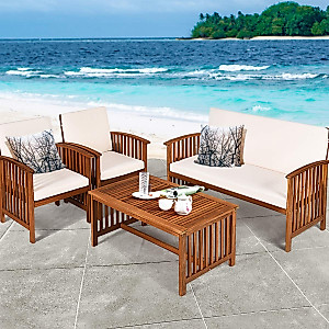 Tangkula Outdoor 4 Pcs Acacia Wood Sofa Set w/Water Resistant Cushions, Padded Patio Seating Chat Set w/Coffee Table for Garden, Backyard, Poolside (1, White)