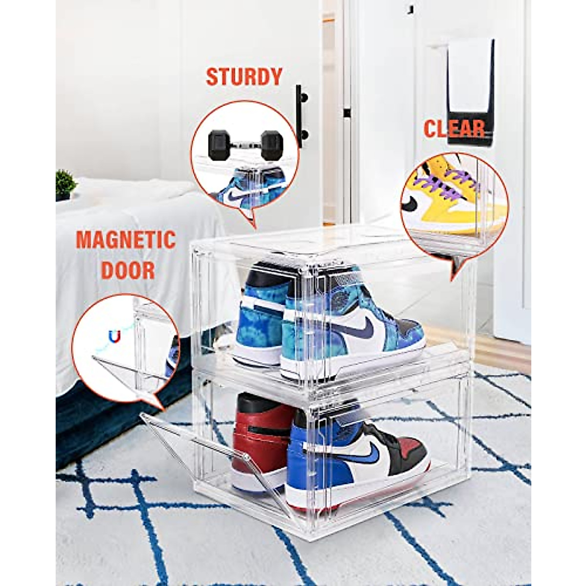 Shoe Storage Box, Clear Shoe Storage Boxes Stackable with Lids Magnetic Door, Front Opening Sneaker Storage Shoe Box for Women/Men