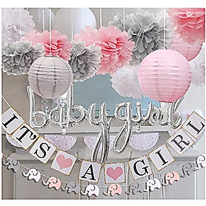 luckylibra Girl Baby Shower Decorations, It is a Girl Banners & Baby Girl Foil Balloons & Elephant Garland & Paper Lantern Paper Flower Pom Poms （Pink White Grey）