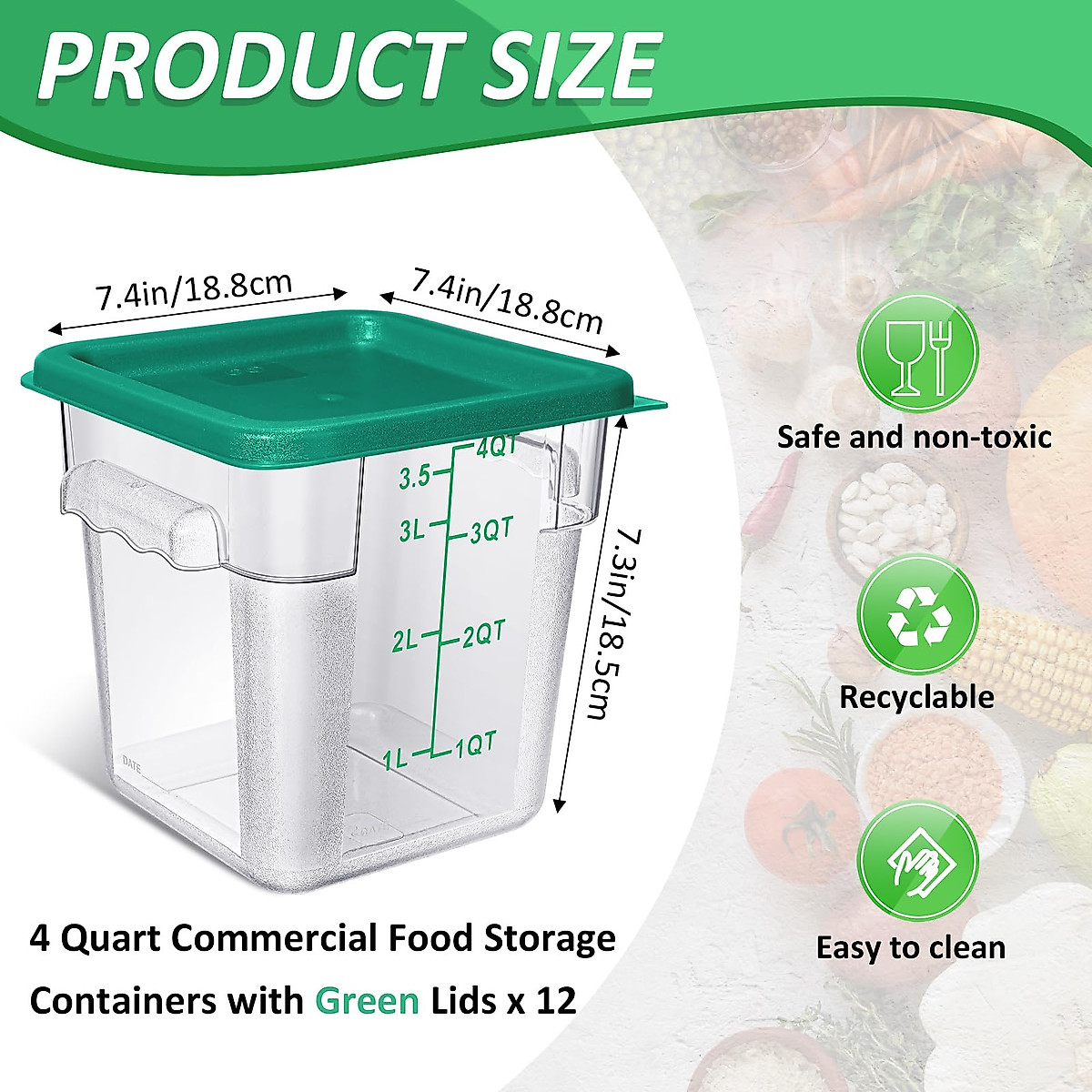 Yungyan 12 Pcs 4 Qt Commercial Food Storage Containers with Lids Restaurant Square Airtight Food Storage Containers Clear Cereal Containers for Kitchen Freezer Dishwasher Pantry(Green Lid)