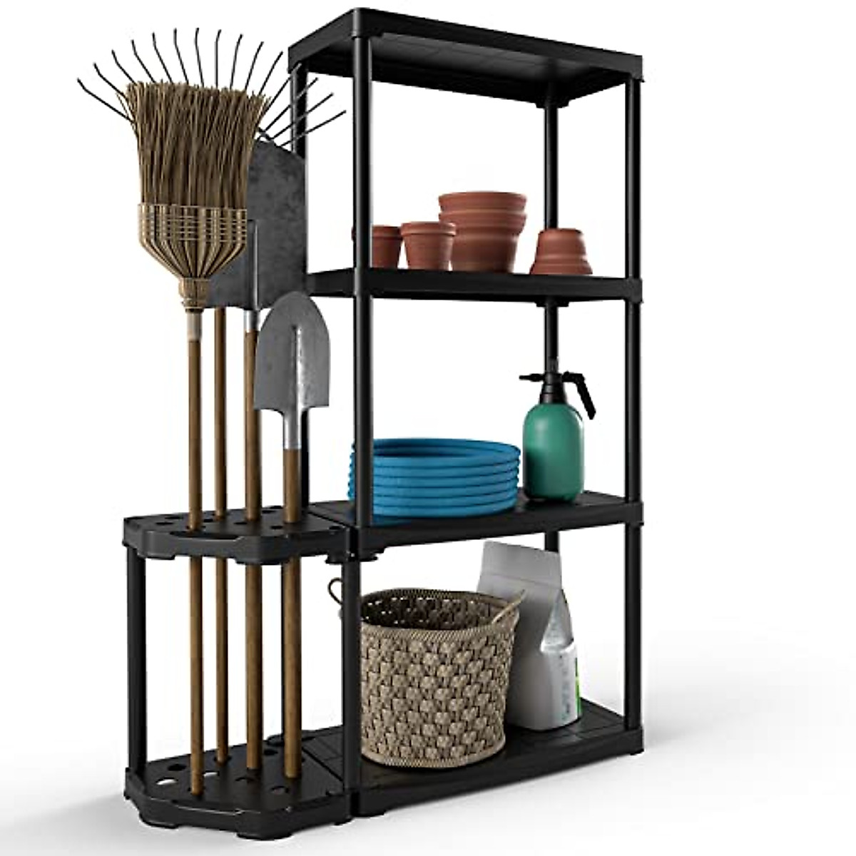 Giantex 4-Tier Garage Shelving with Tool Organizer, Open Storage Rack W/Tight Connections & Stable Bottom Base, 2-Tier Holder W/ 12 Holes for Long-Handled Tools, Fit Warehouse, Toolshed