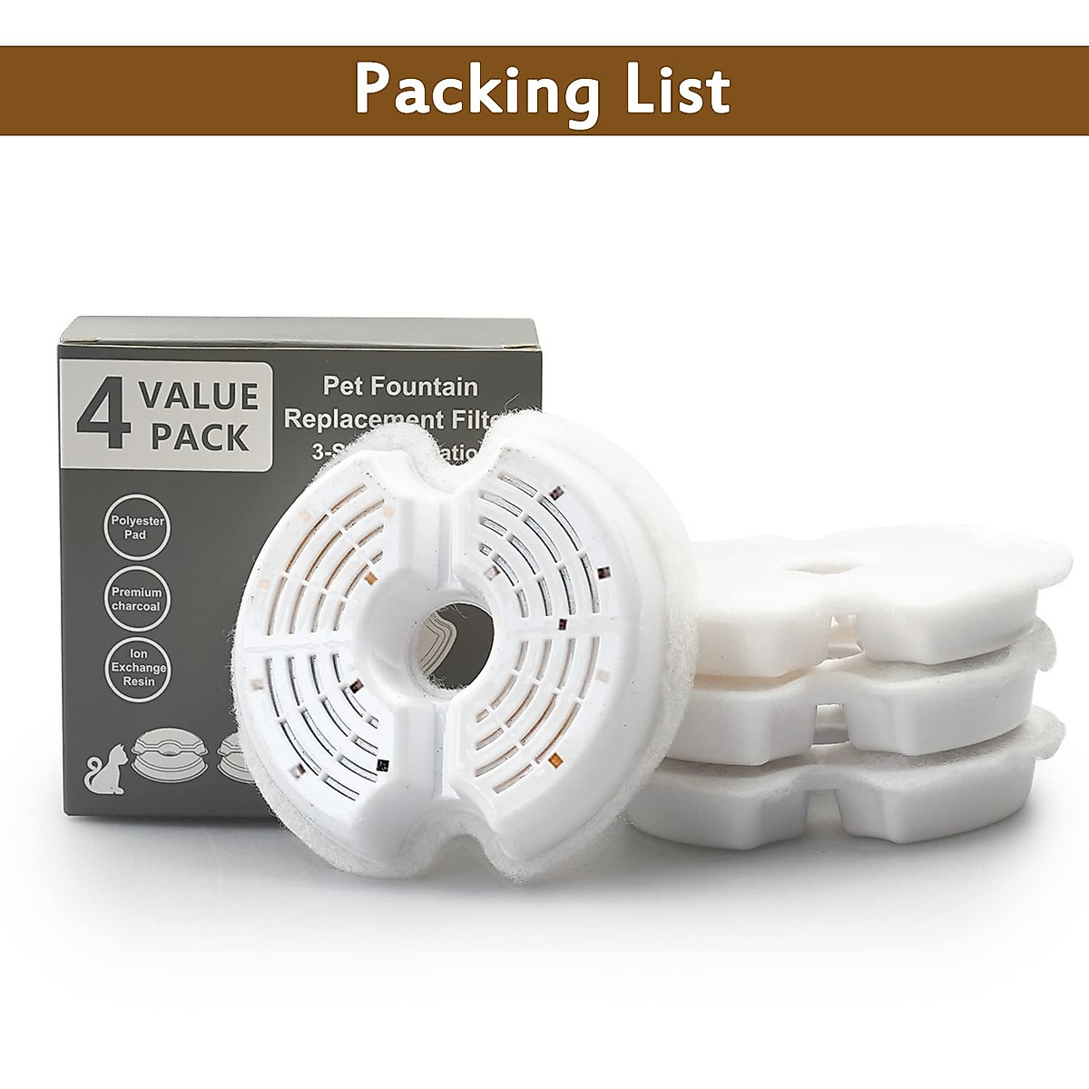 Cat Water Fountain Filters, Multiple Filtration Pet Water Fountain Replacement Filter,8 or 12 Packs of Cotton Activated Carbon Cat Fountain Filters (Filter 4 Pack)