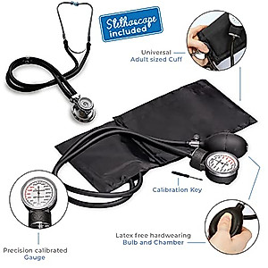 NOVAMEDIC NM-9170-BK Professional Aneroid Sphygmomanometer Blood Pressure Machine and Stethoscope Set, Universal Adult Size Cuff Arm, Manual Emergency BP Monitor Kit with Carrying Case, Black