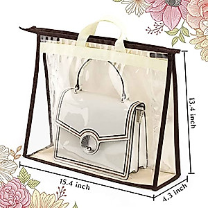 Handbag Storage Organizer 2 Pack Dust Cover Bag Transparent Anti-dust Storage Purse Organizer for Closet and Wall Shelf, with Zipper and Handle Space-saving Storage Handbag Organizer (Beige)